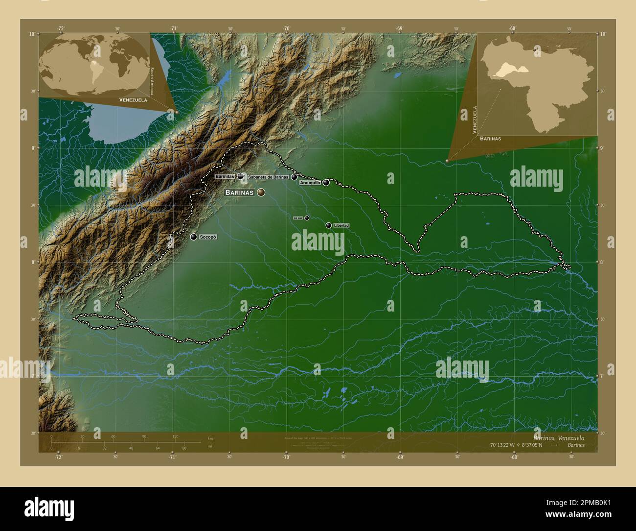 Barinas, state of Venezuela. Colored elevation map with lakes and ...