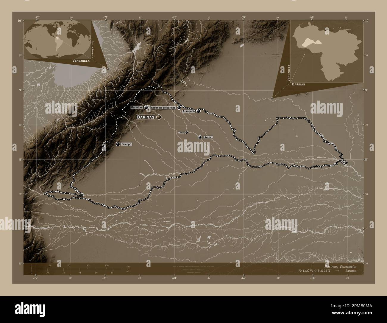 Barinas, state of Venezuela. Elevation map colored in sepia tones with ...