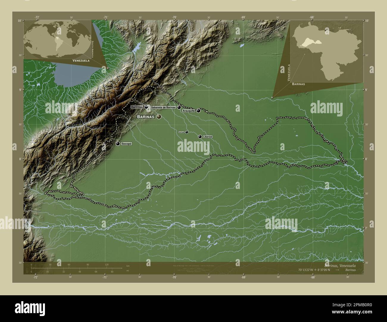 Barinas, state of Venezuela. Elevation map colored in wiki style with ...