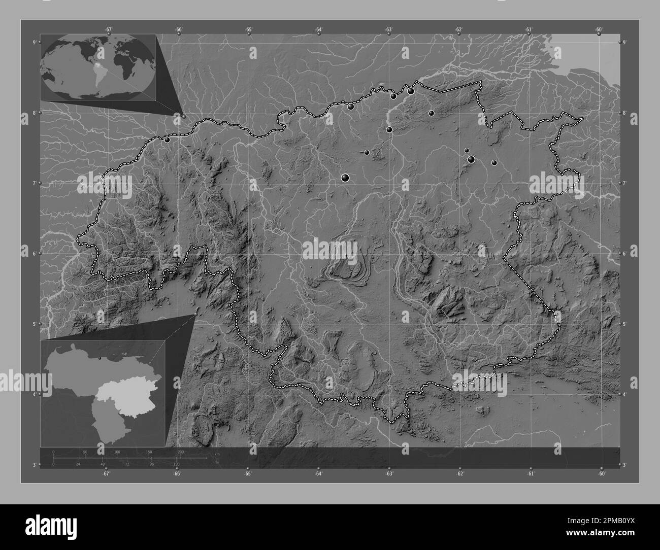 Bolivar, state of Venezuela. Bilevel elevation map with lakes and ...