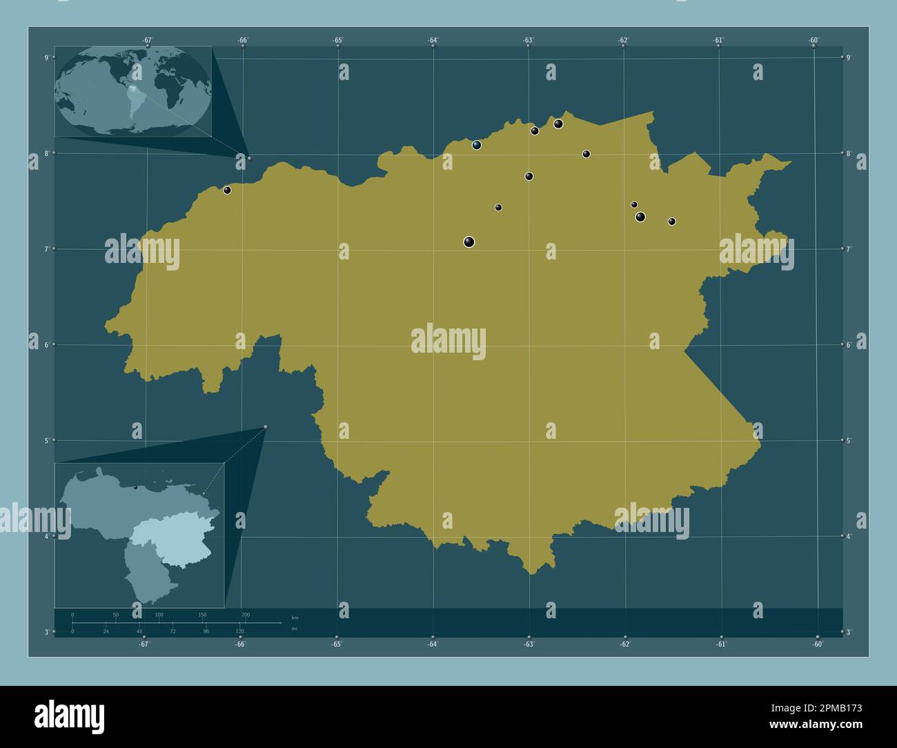 Bolivar, state of Venezuela. Solid color shape. Locations of major ...