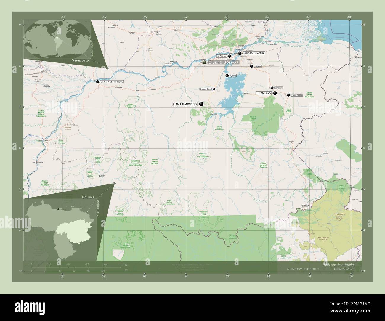 Bolivar, state of Venezuela. Open Street Map. Locations and names of ...