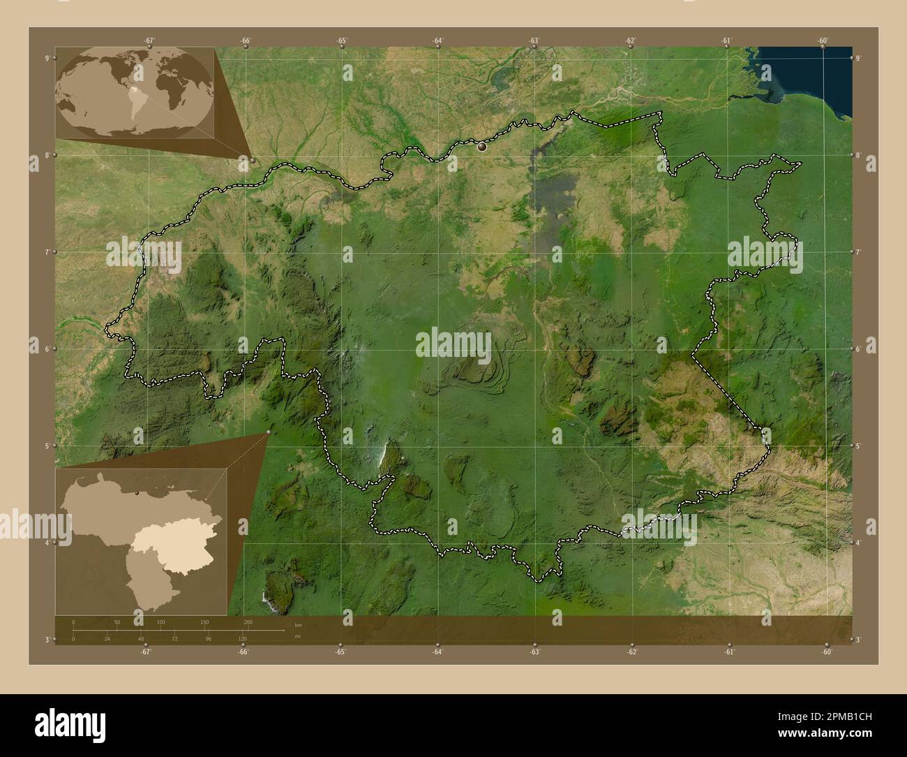 Bolivar, state of Venezuela. Low resolution satellite map. Corner ...