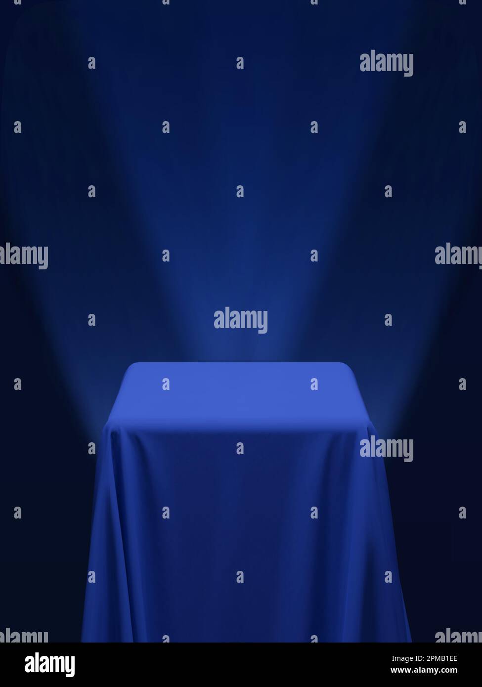 Blue fabric covering a cube or a table, with blue background and stage ...