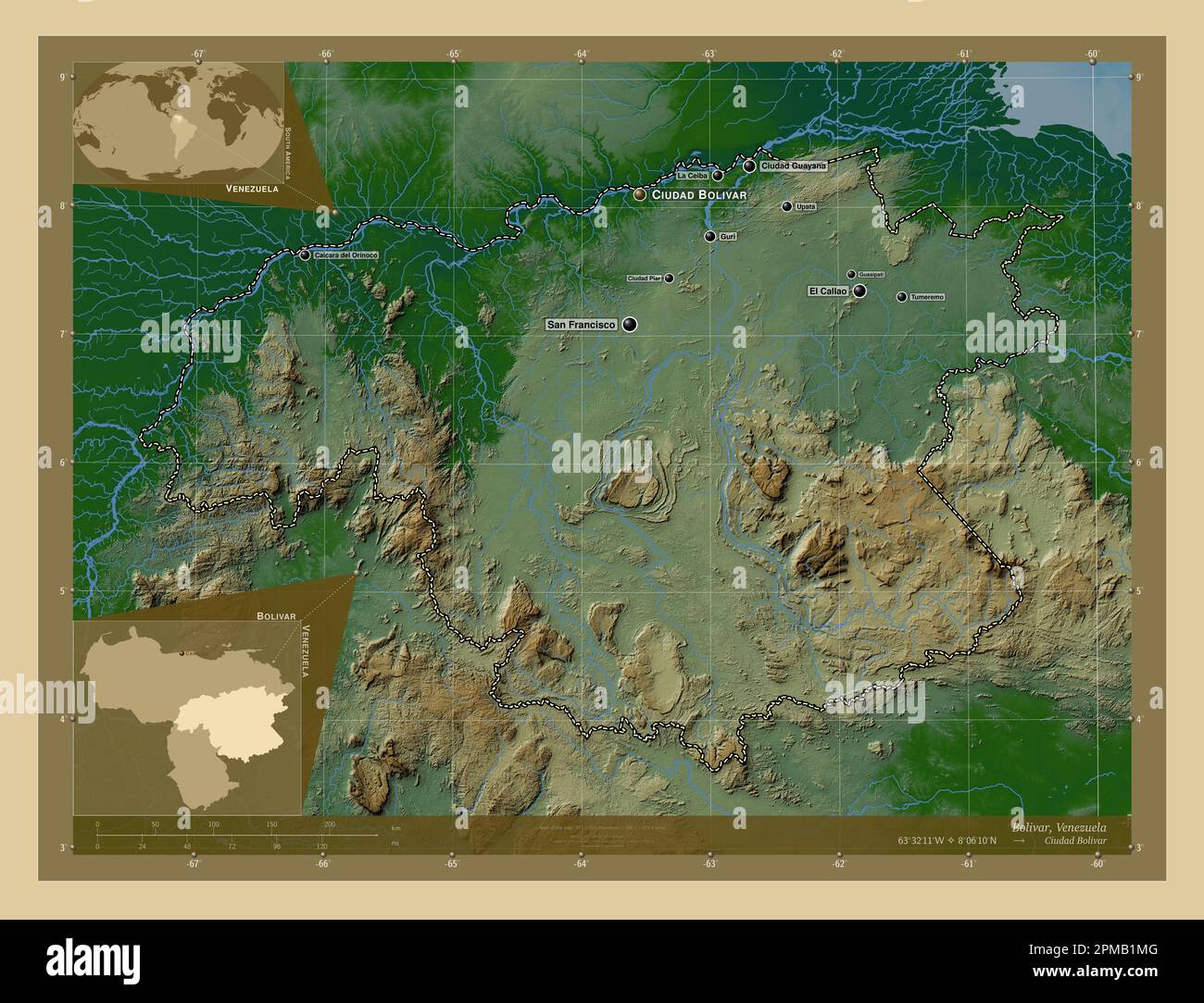 Bolivar, state of Venezuela. Colored elevation map with lakes and ...