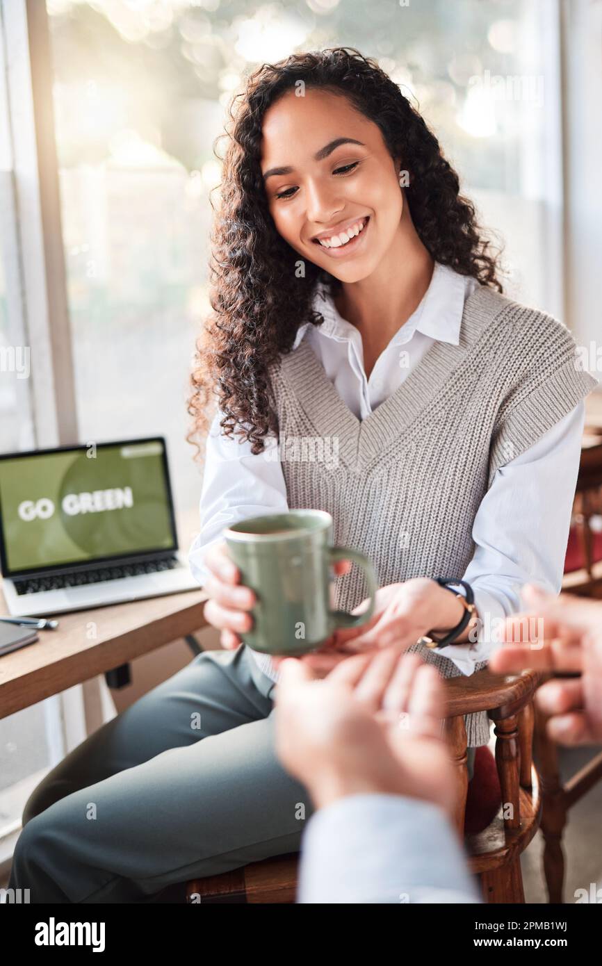Coffee shop, server and woman customer happy for tea, espresso or hot ...