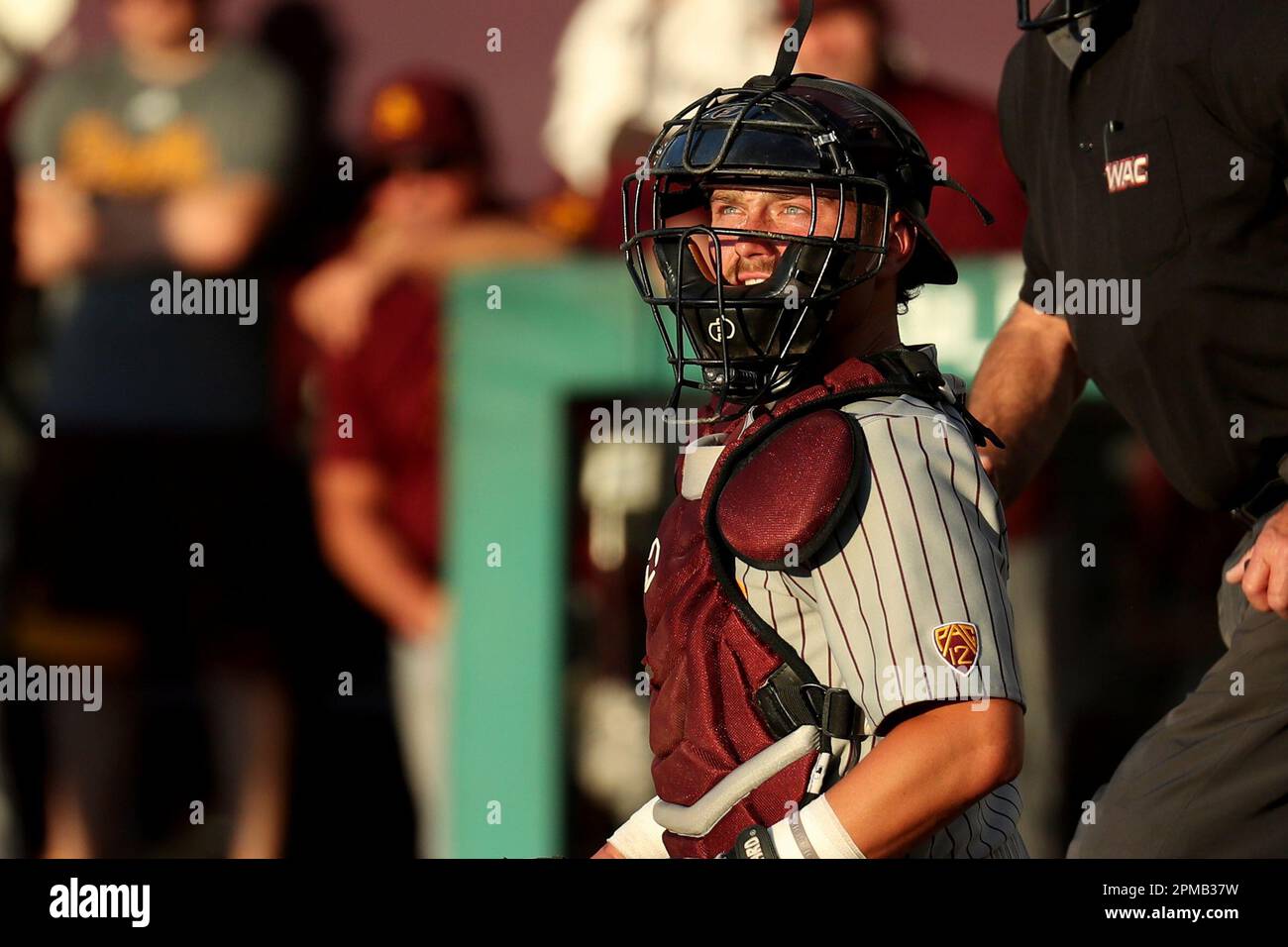PHOENIX, AZ - APRIL 11: Arizona St. catcher Trey Newman (15) behind the ...