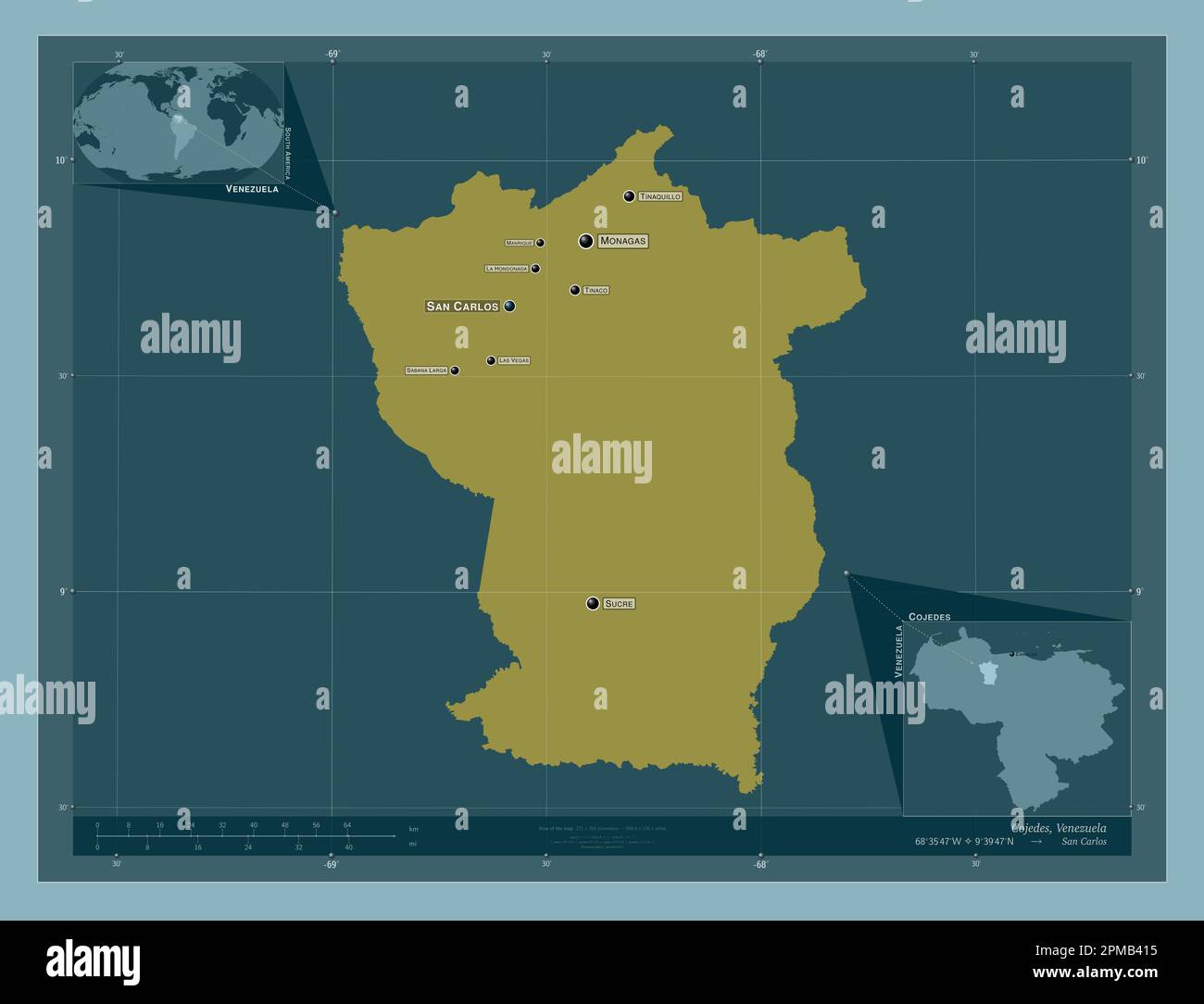 Cojedes, state of Venezuela. Solid color shape. Locations and names of ...