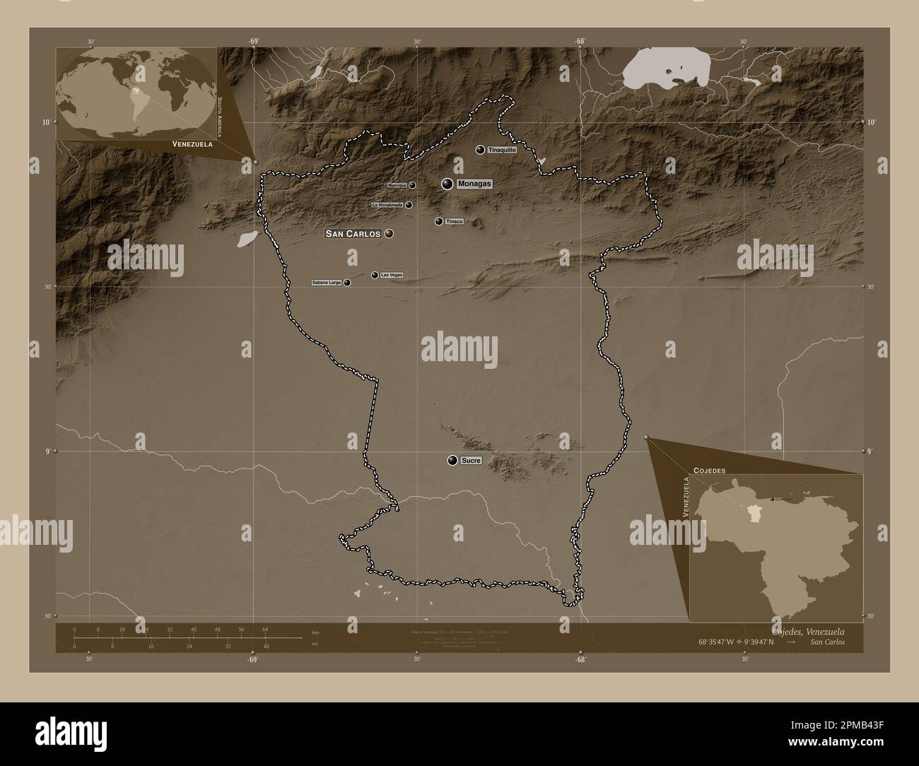 Cojedes, state of Venezuela. Elevation map colored in sepia tones with ...
