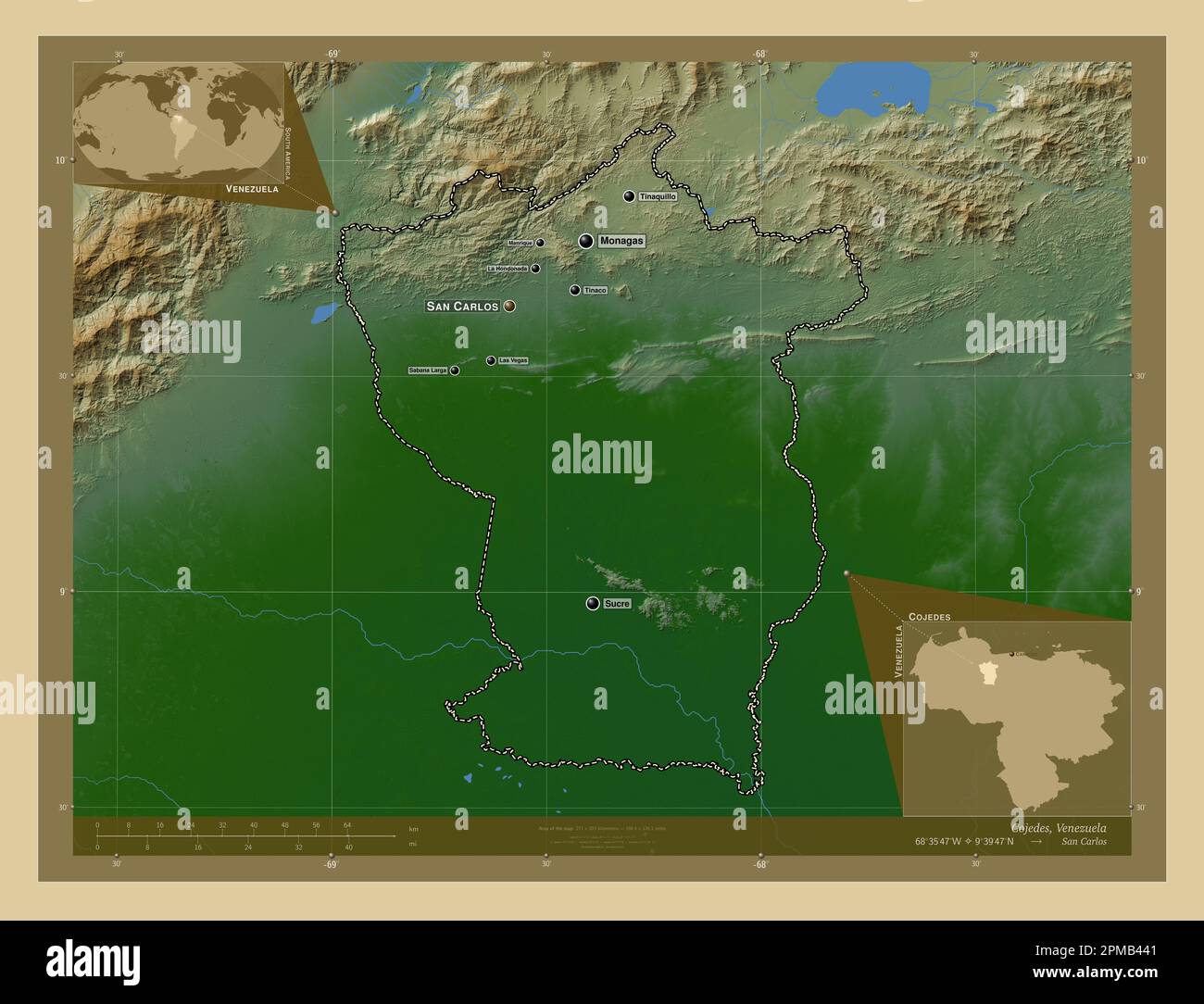 Cojedes, state of Venezuela. Colored elevation map with lakes and ...