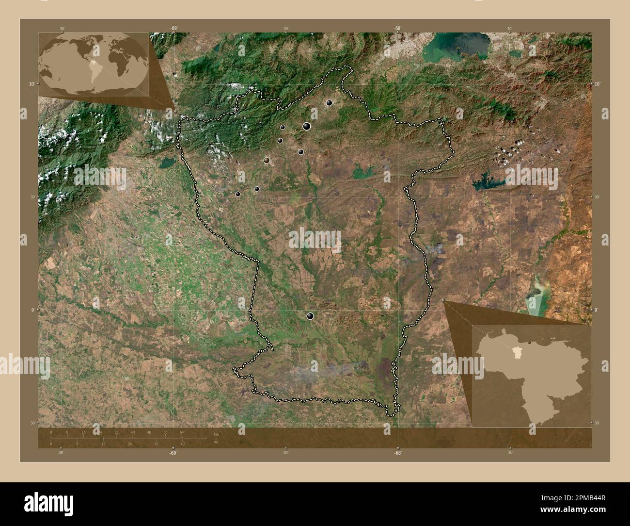 Cojedes, state of Venezuela. Low resolution satellite map. Locations of ...