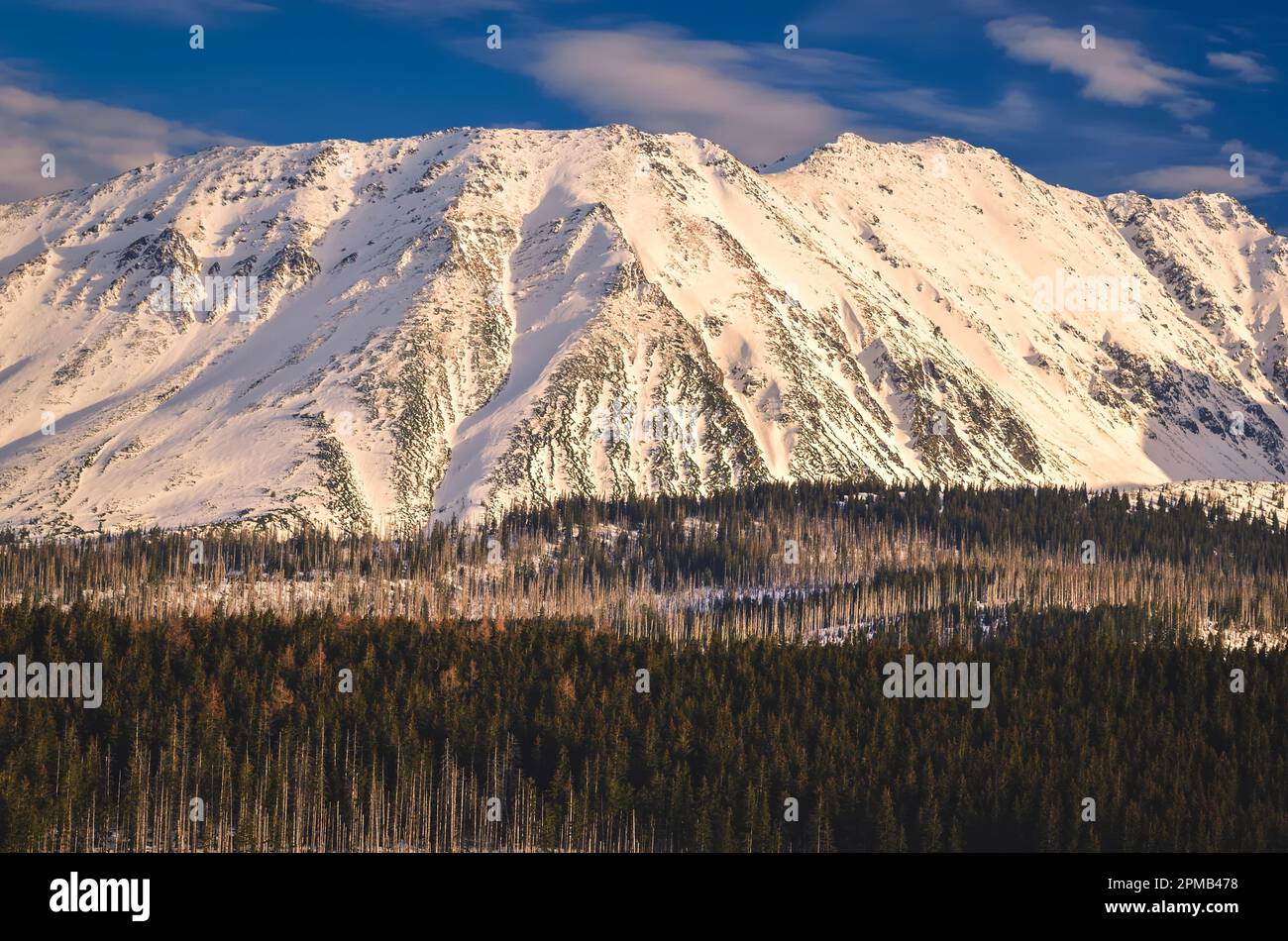 Beautiful early spring mountain landscape. View of the snow-white peaks ...