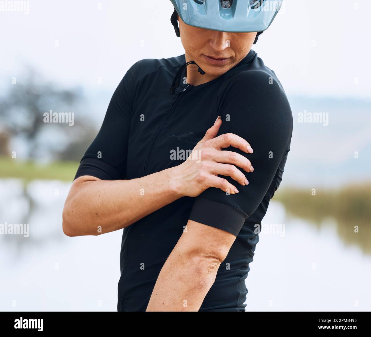 Cycling, injury and woman arm with problem, issue or inflammation after ...