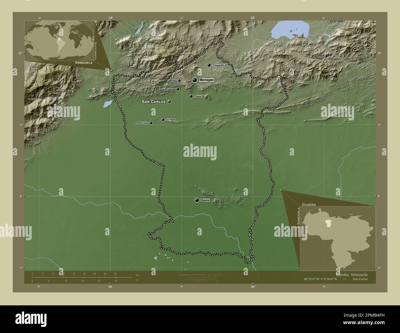 Cojedes, state of Venezuela. Elevation map colored in wiki style with ...