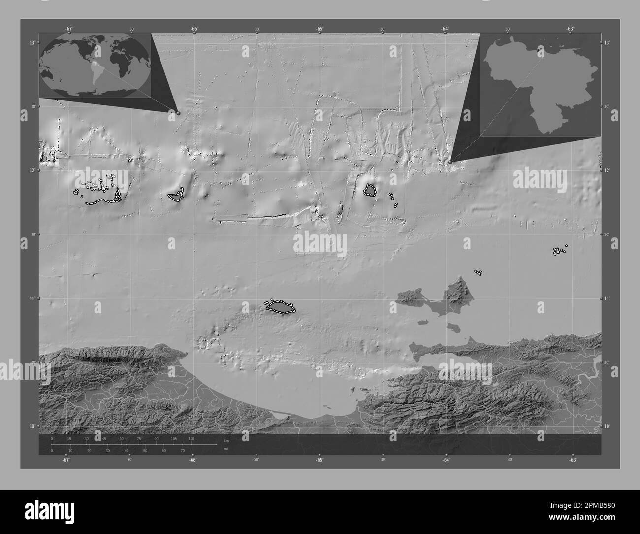 Dependencias Federales, state of Venezuela. Bilevel elevation map with ...