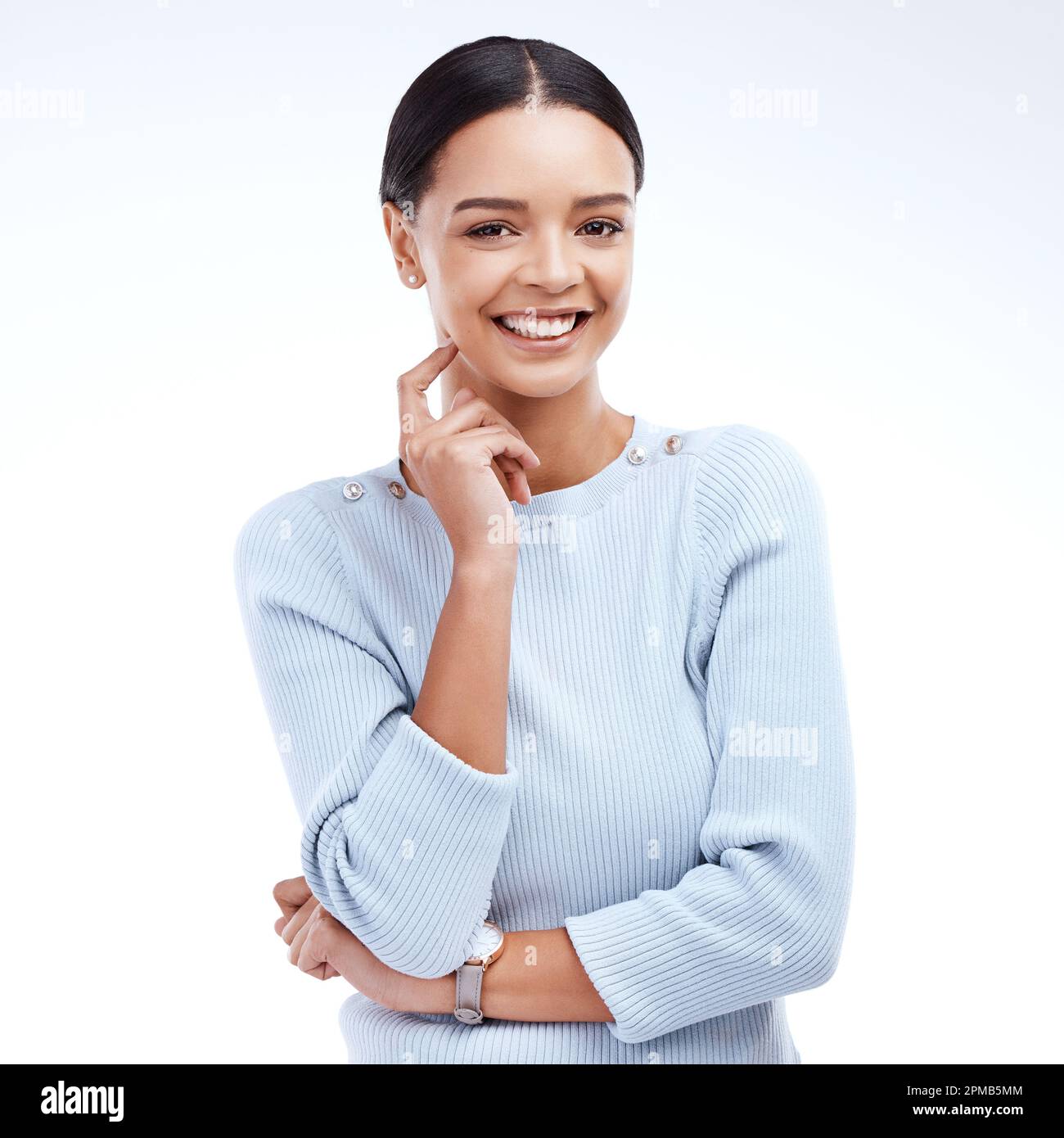 Portrait, empowerment and smile with a woman on a white background ...