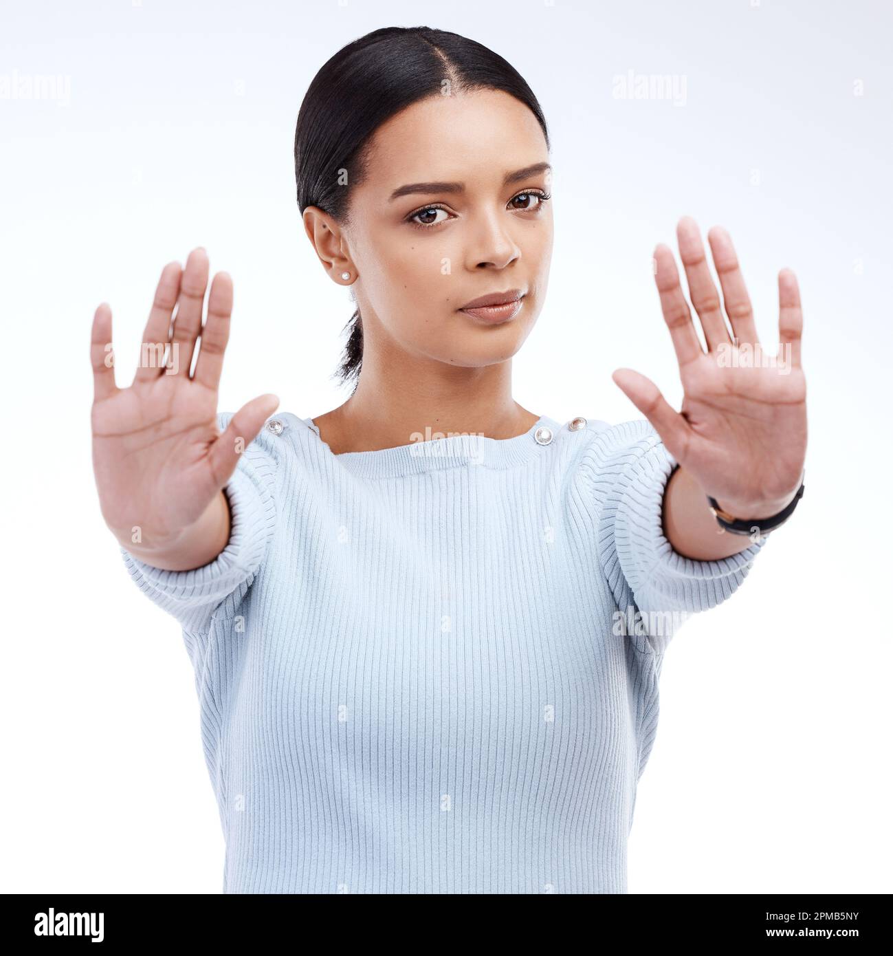 Portrait, stop and woman with hands, warning and human rights isolated ...