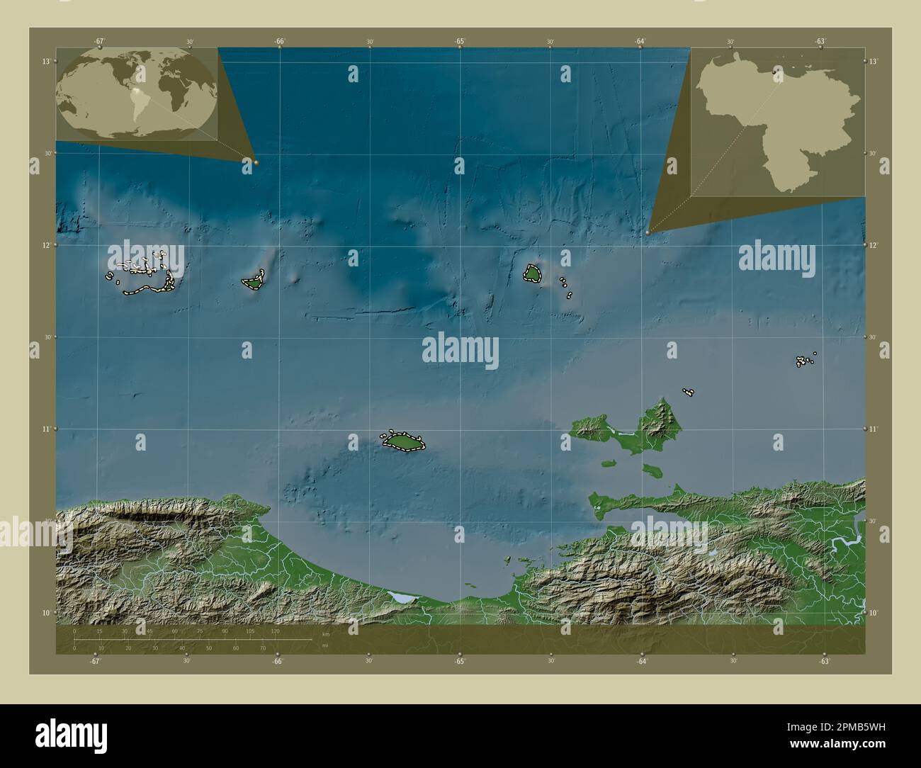 Dependencias Federales, state of Venezuela. Elevation map colored in ...