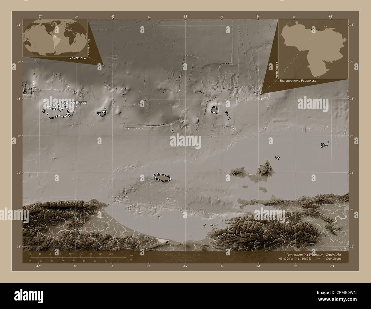 Dependencias Federales, state of Venezuela. Elevation map colored in ...