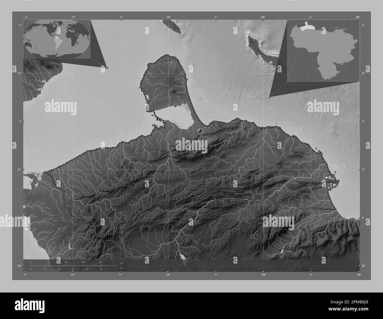 Falcon, state of Venezuela. Grayscale elevation map with lakes and ...
