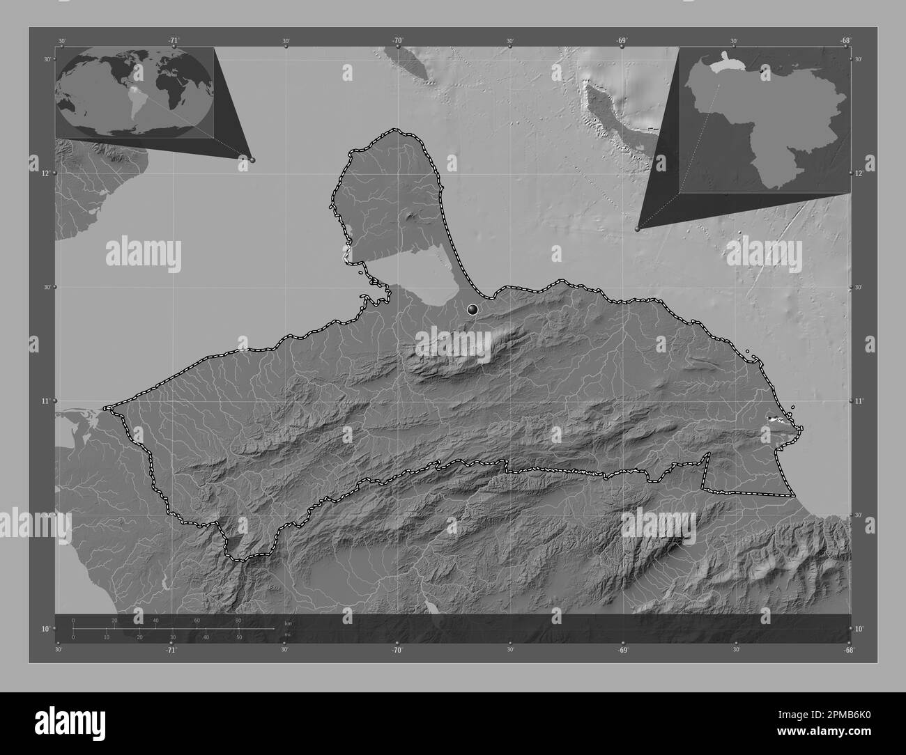 Falcon, state of Venezuela. Bilevel elevation map with lakes and rivers ...