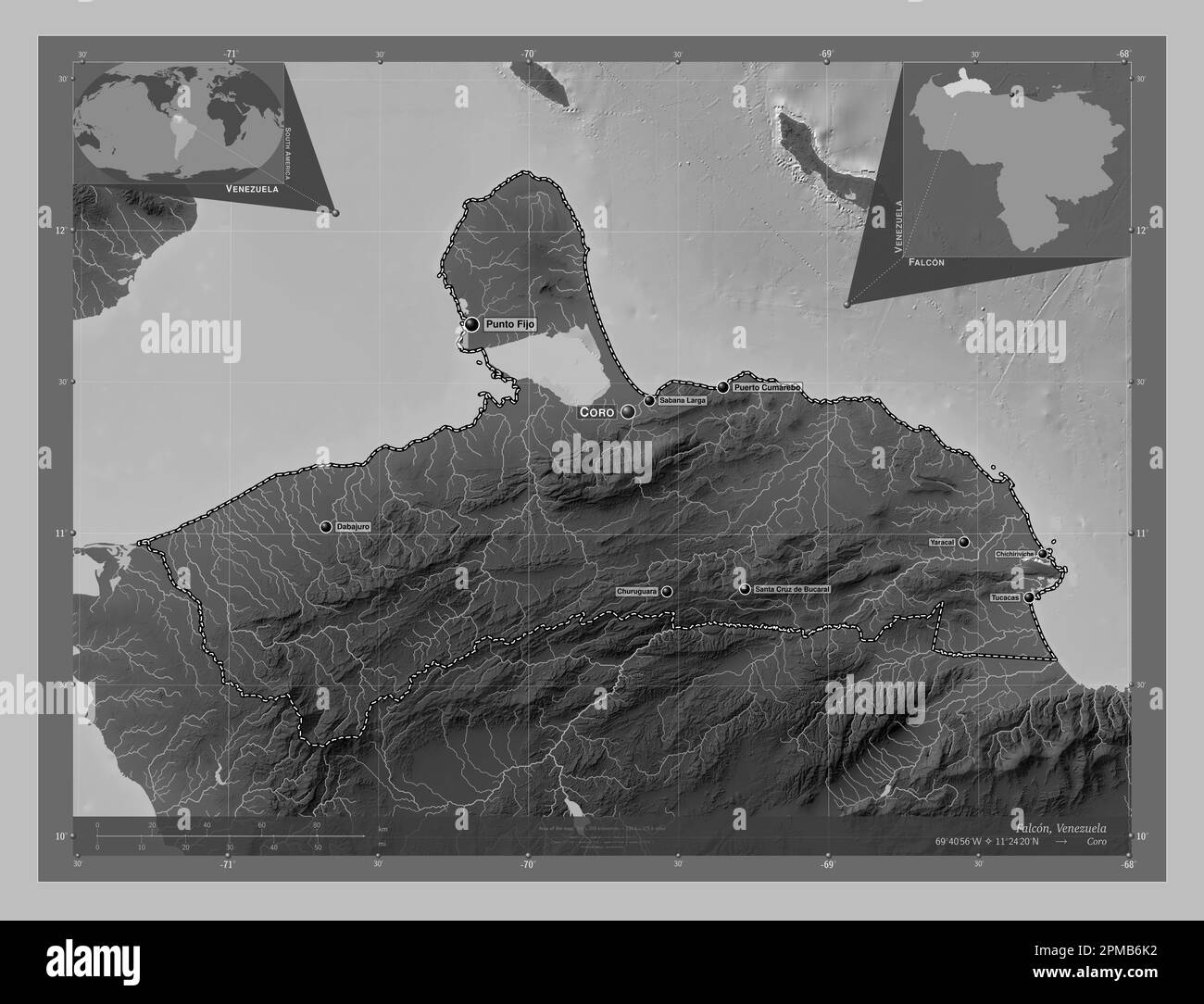 Falcon, state of Venezuela. Grayscale elevation map with lakes and ...