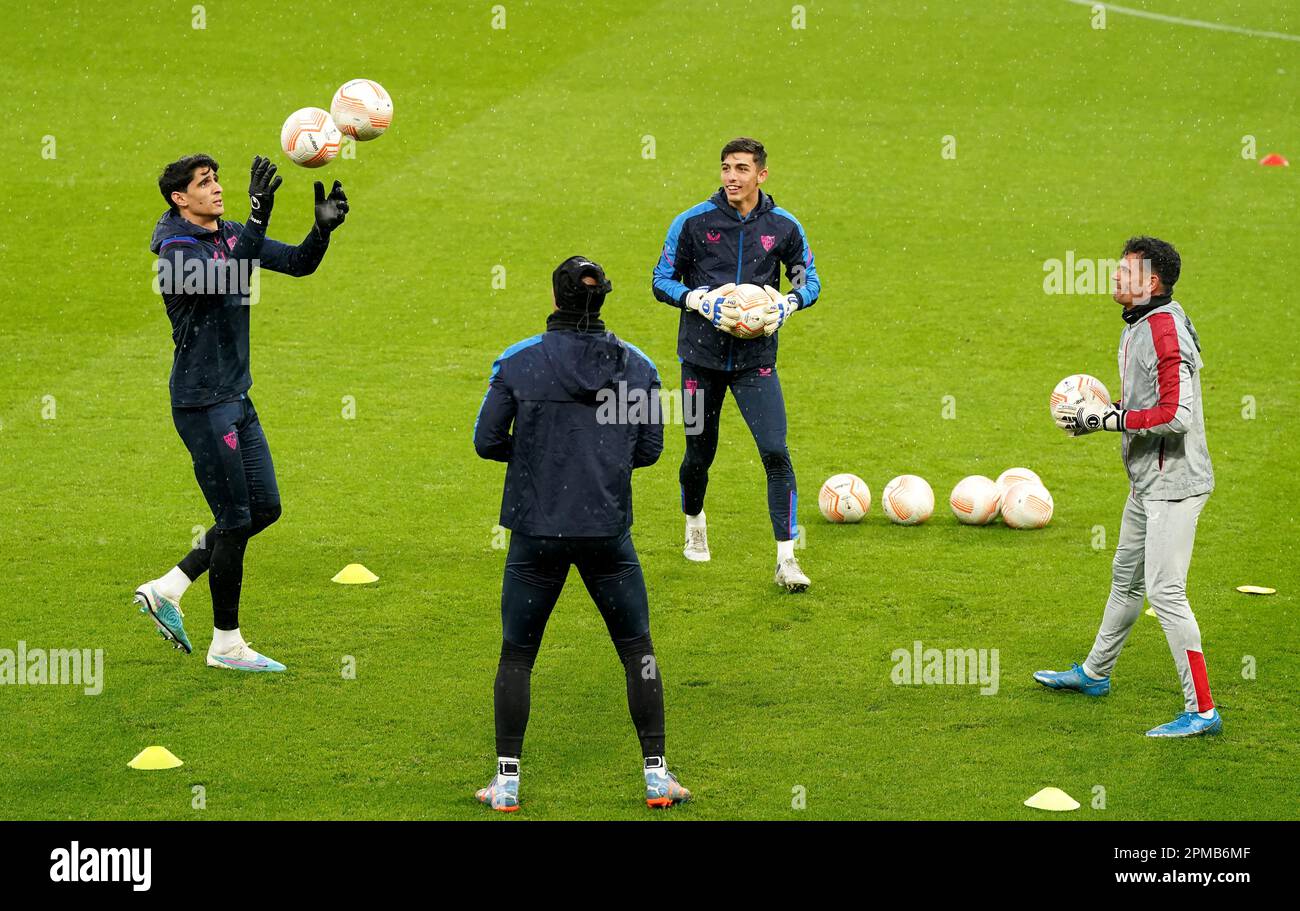 Sevilla goalkeeper Yassine Bounou (left) during a training session at ...