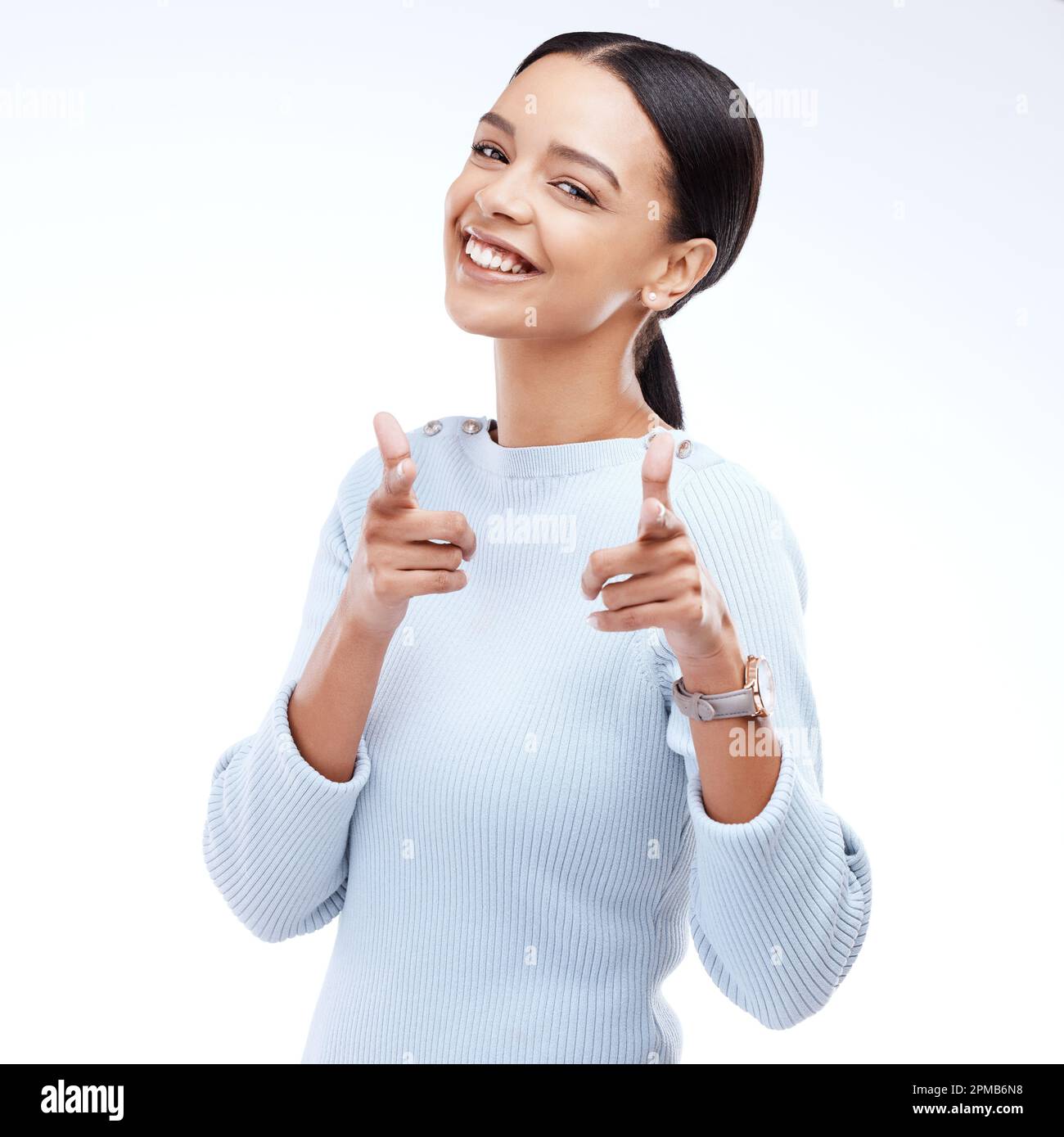 Portrait, guns and woman pointing to you, smile and motivation isolated ...