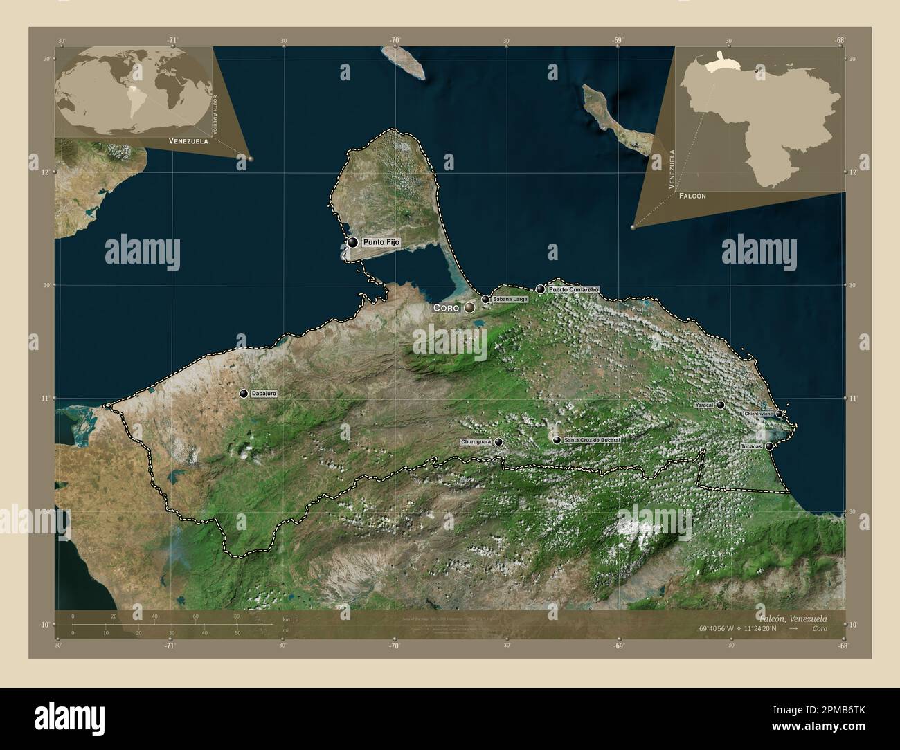 Falcon, state of Venezuela. High resolution satellite map. Locations ...