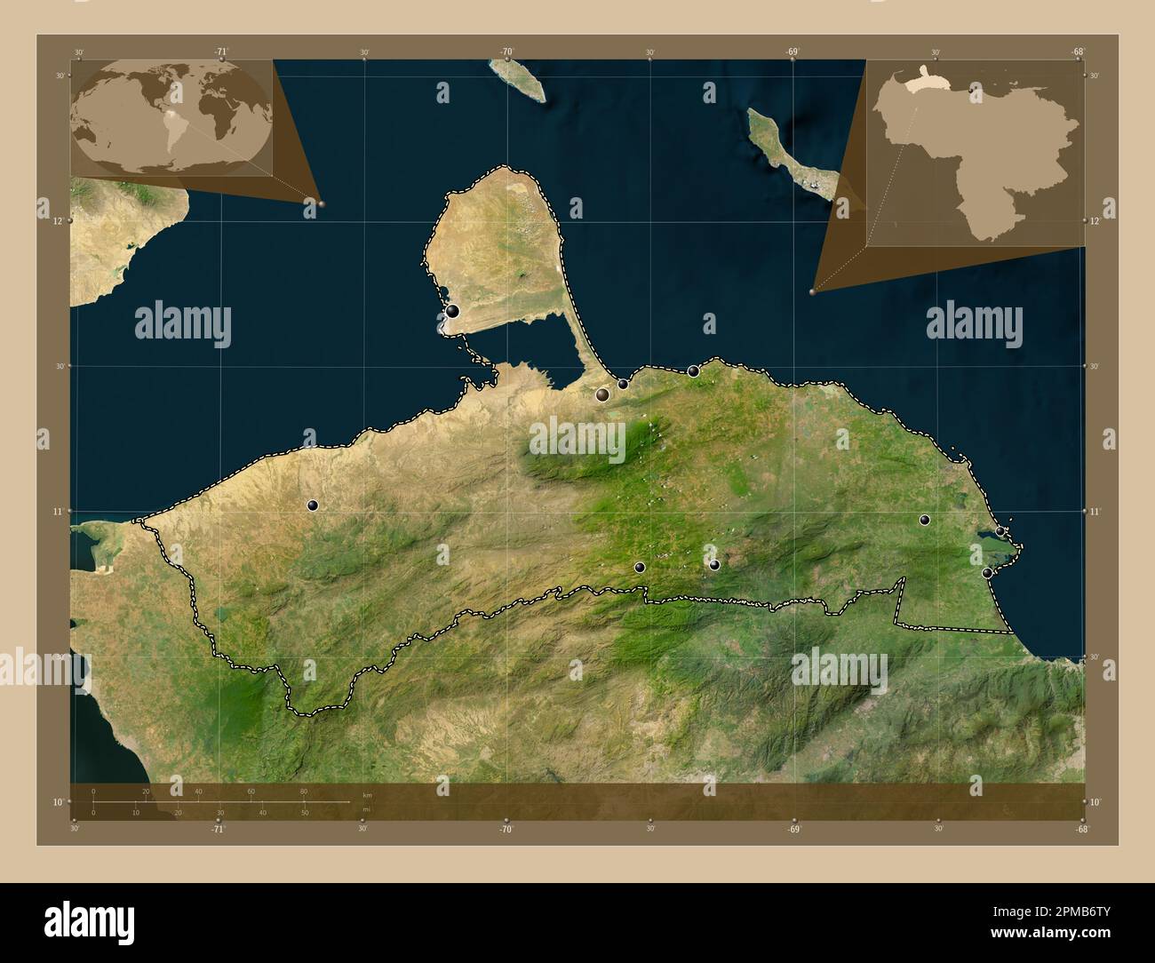 Falcon, state of Venezuela. Low resolution satellite map. Locations of ...