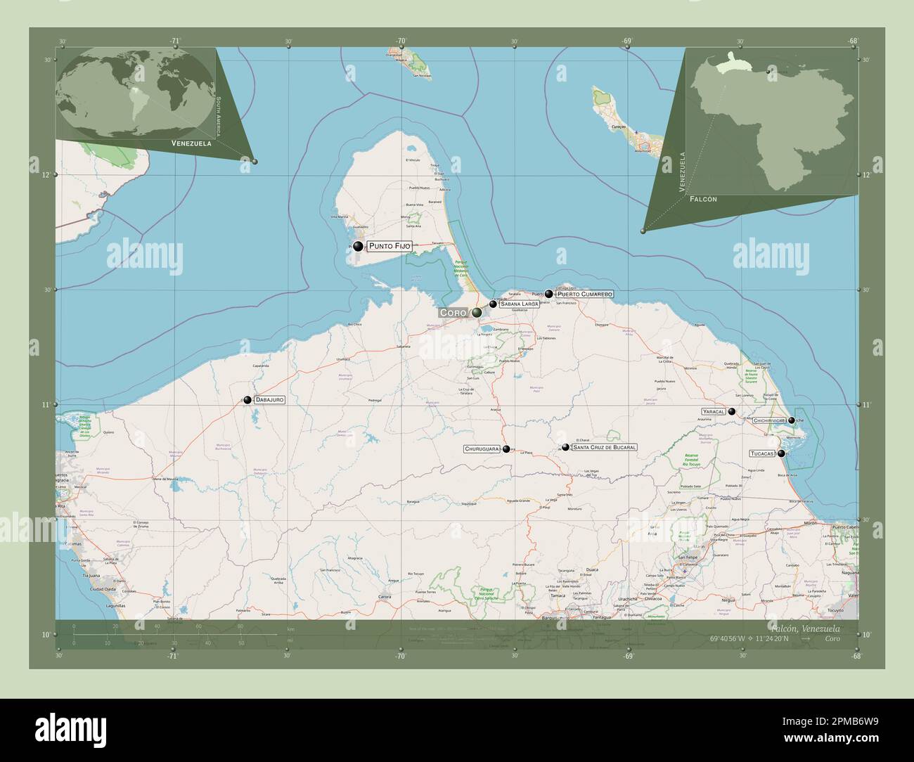 Falcon, state of Venezuela. Open Street Map. Locations and names of ...