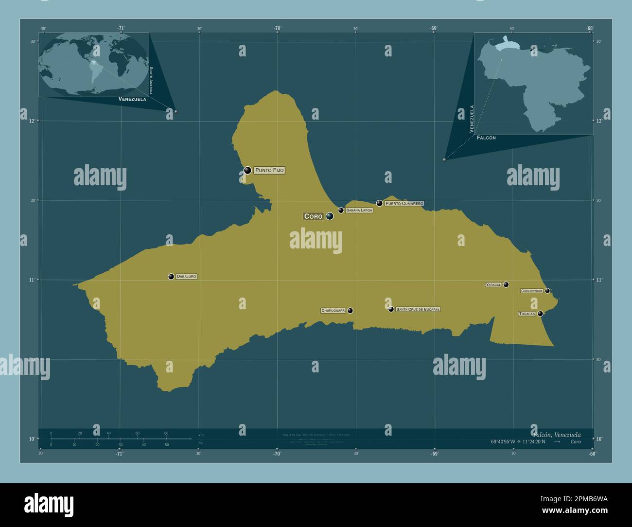 Falcon, state of Venezuela. Solid color shape. Locations and names of ...