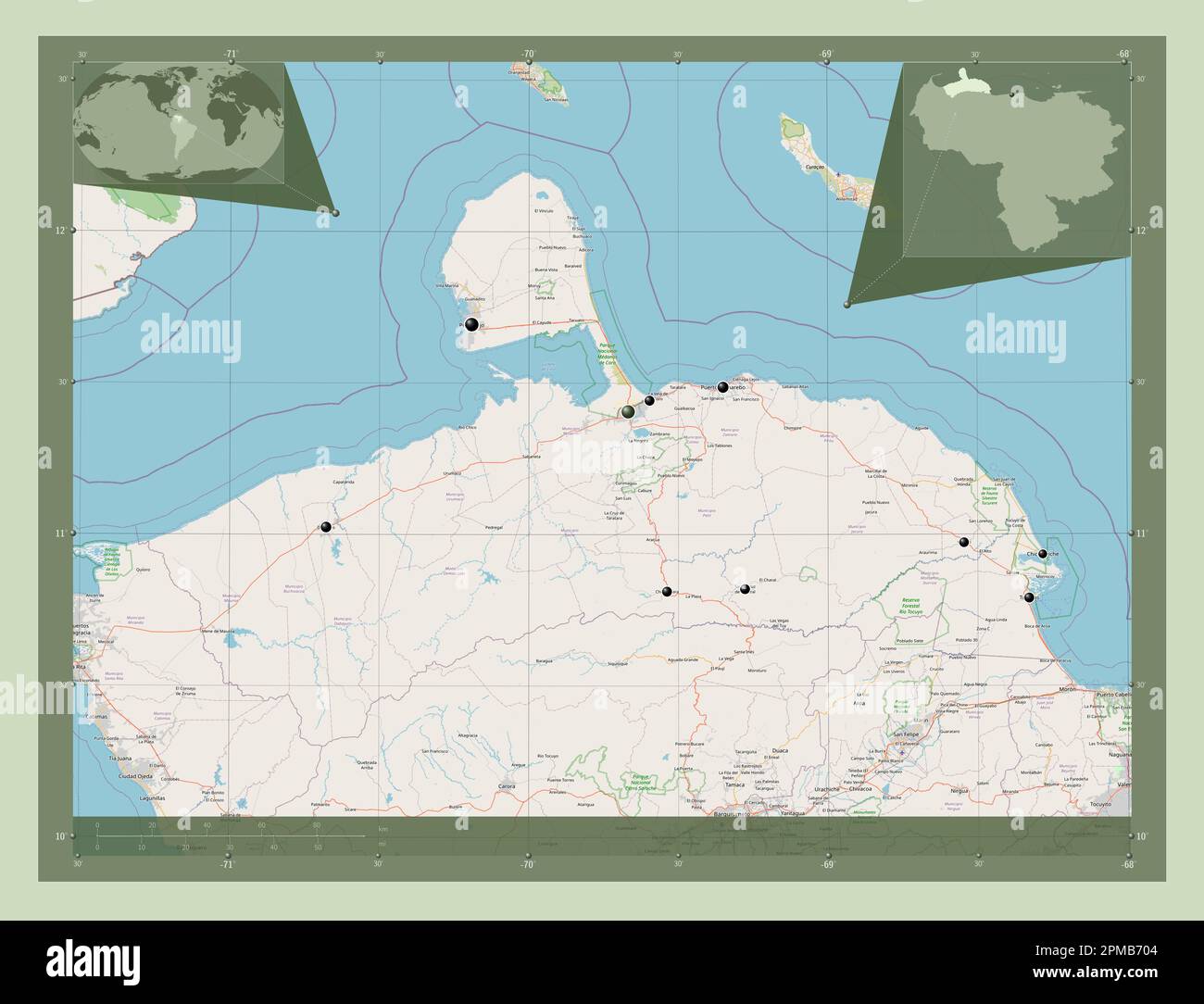 Falcon, state of Venezuela. Open Street Map. Locations of major cities ...