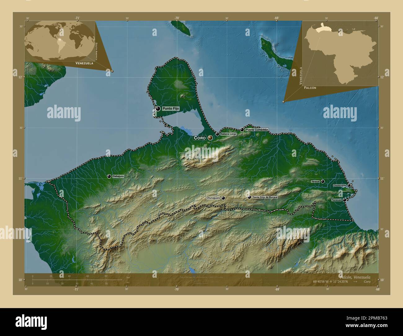 Falcon, state of Venezuela. Colored elevation map with lakes and rivers ...