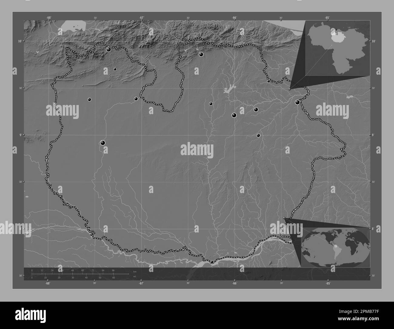 Guarico, state of Venezuela. Bilevel elevation map with lakes and ...