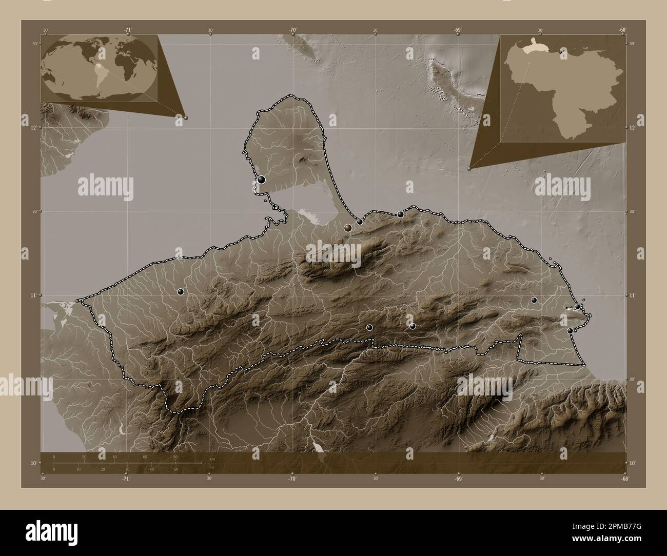 Falcon, state of Venezuela. Elevation map colored in sepia tones with ...