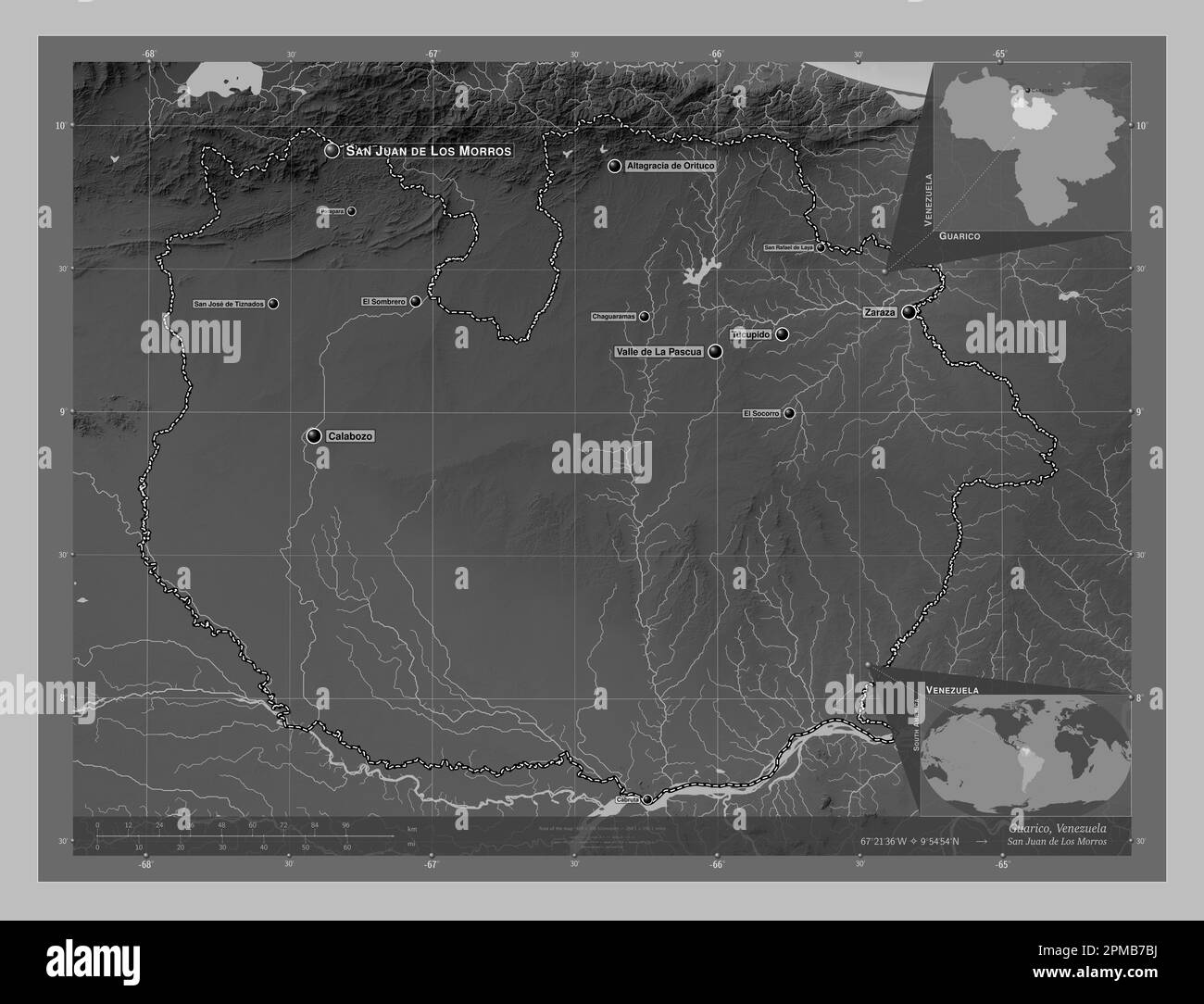 Guarico, state of Venezuela. Grayscale elevation map with lakes and ...