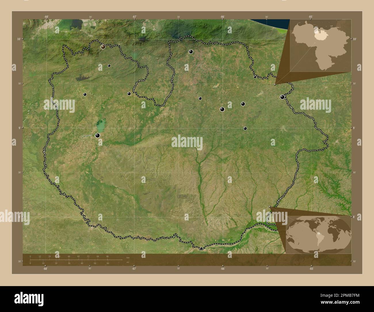 Guarico, state of Venezuela. Low resolution satellite map. Locations of ...