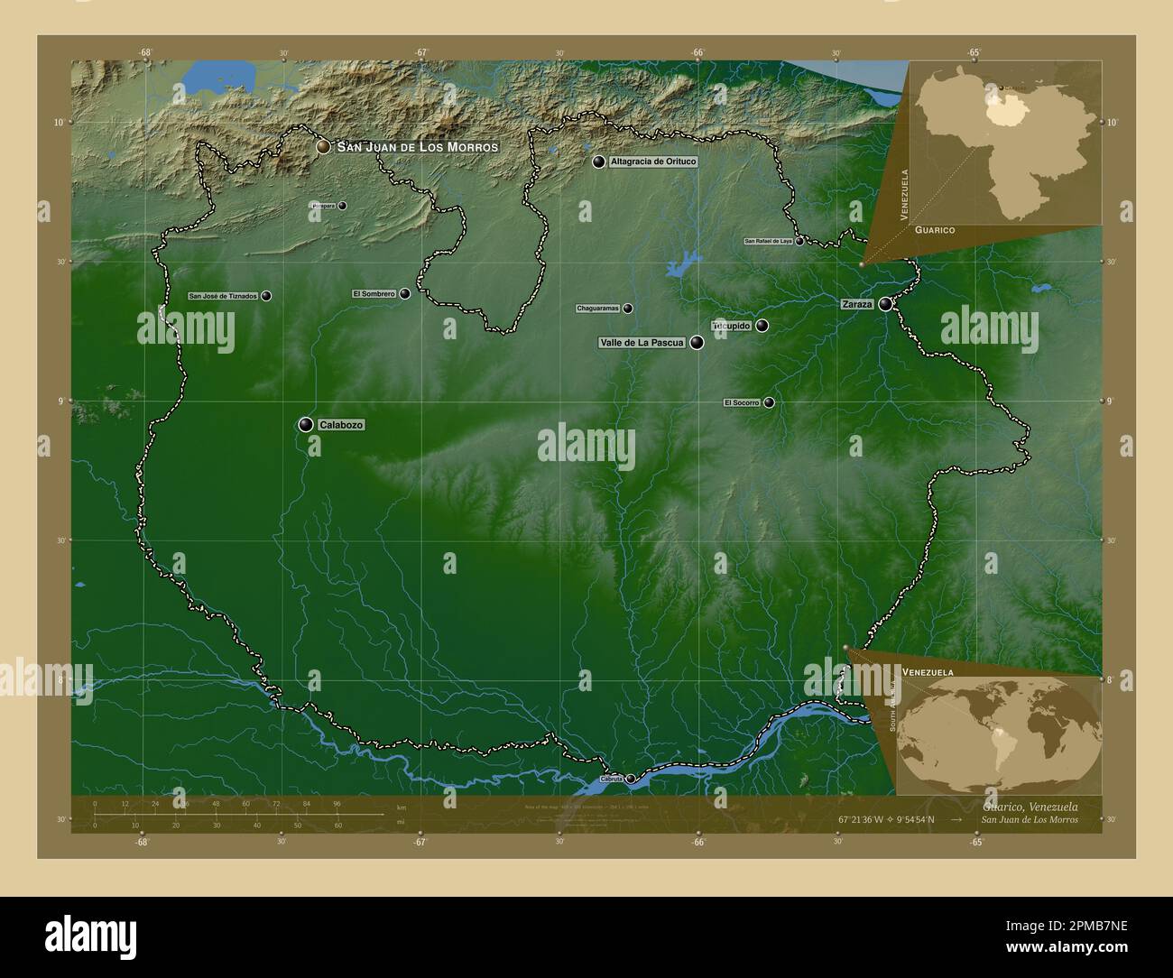 Guarico, state of Venezuela. Colored elevation map with lakes and ...