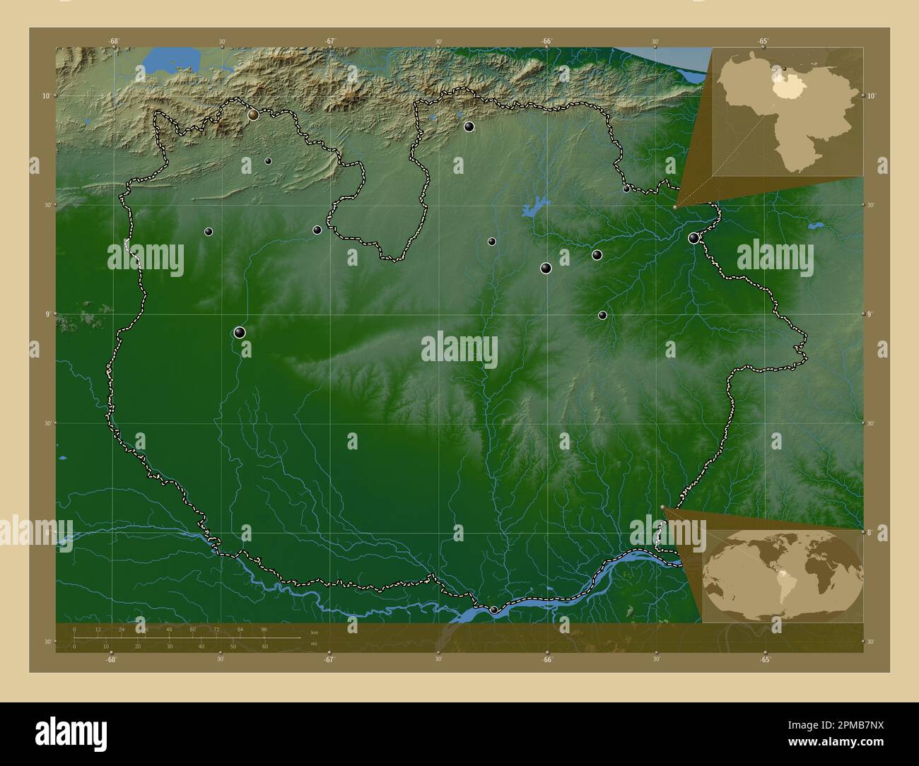 Guarico, state of Venezuela. Colored elevation map with lakes and ...