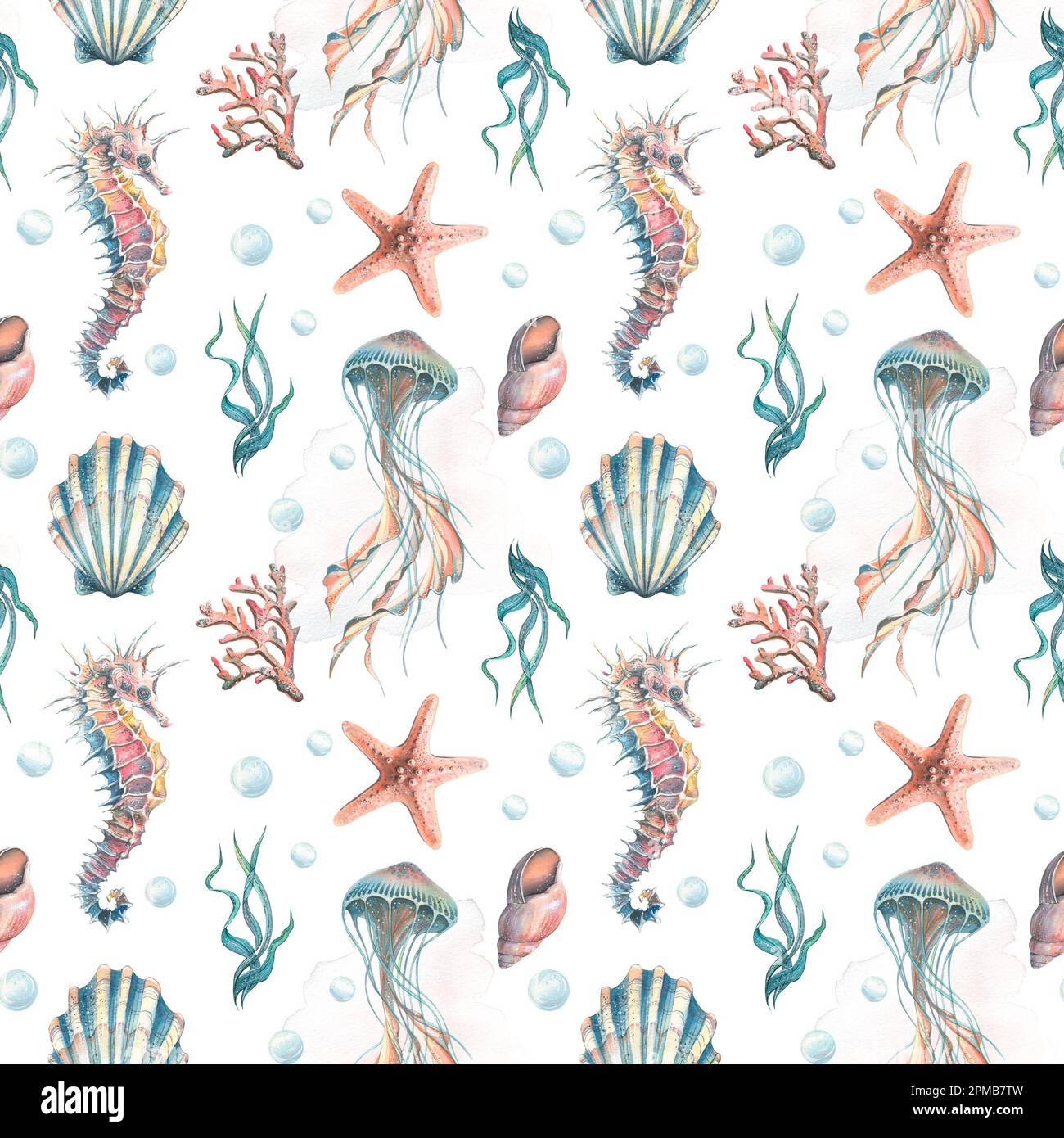 Marine seamless pattern with seahorses, jellyfish, bubbles, seashells ...