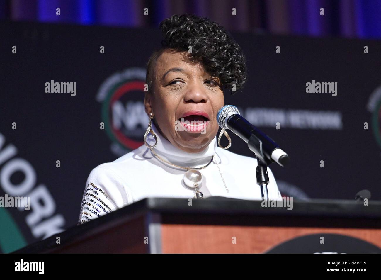 New York, USA. 12th Apr, 2023. Gwen Carr, mother of Eric Garner, speaks ...