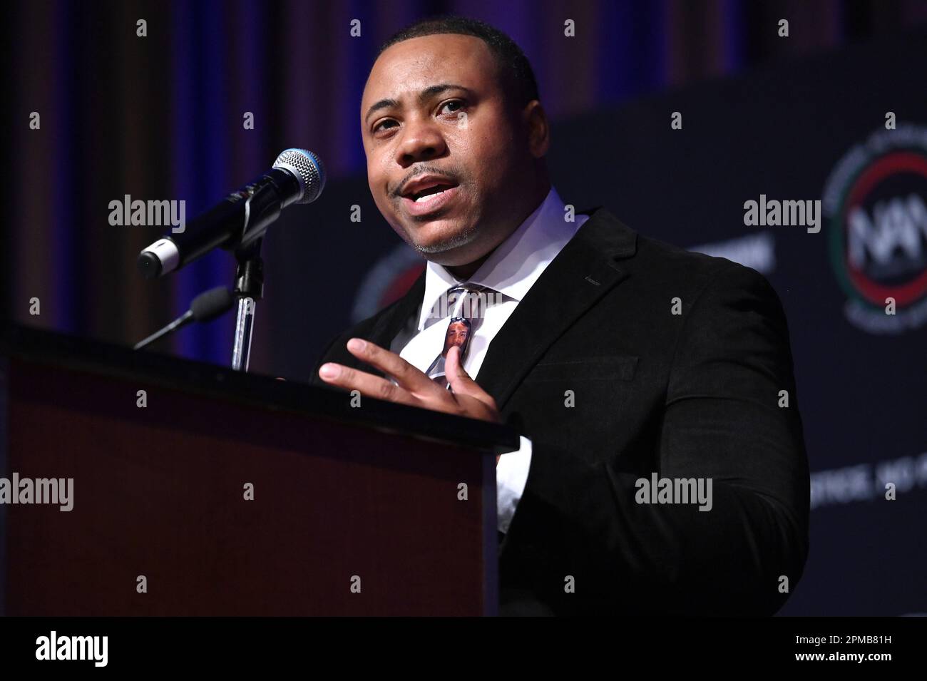 New York, USA. 12th Apr, 2023. Andre Locke Sr., father of Amir Locke ...