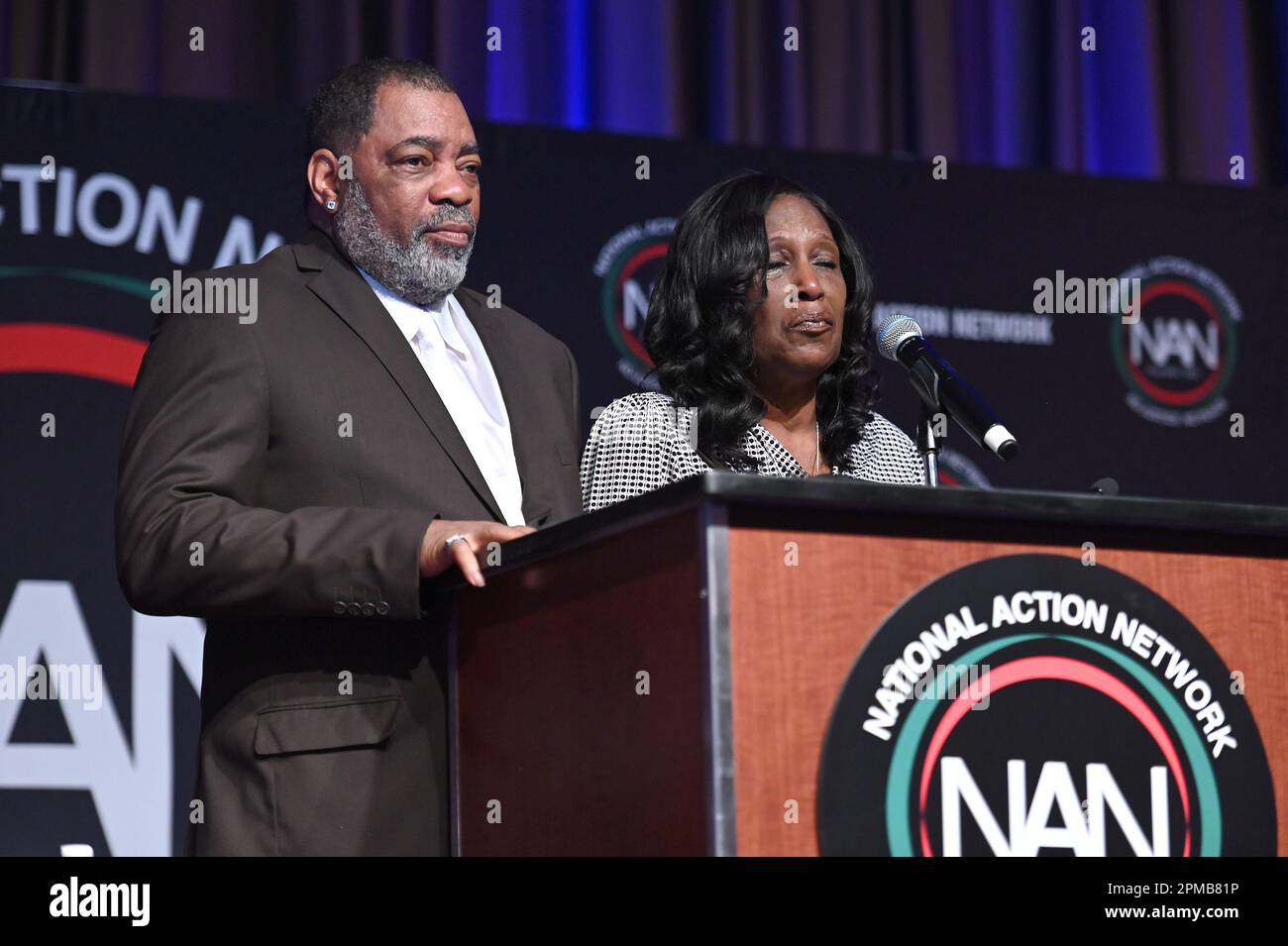 New York, USA. 12th Apr, 2023. Rodney Wells (l) stands by RowVaughn ...