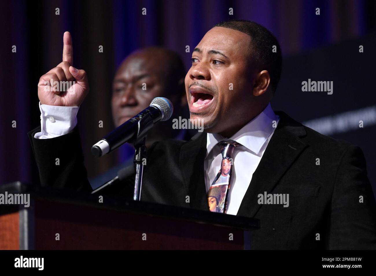 New York, USA. 12th Apr, 2023. Andre Locke Sr., father of Amir Locke ...