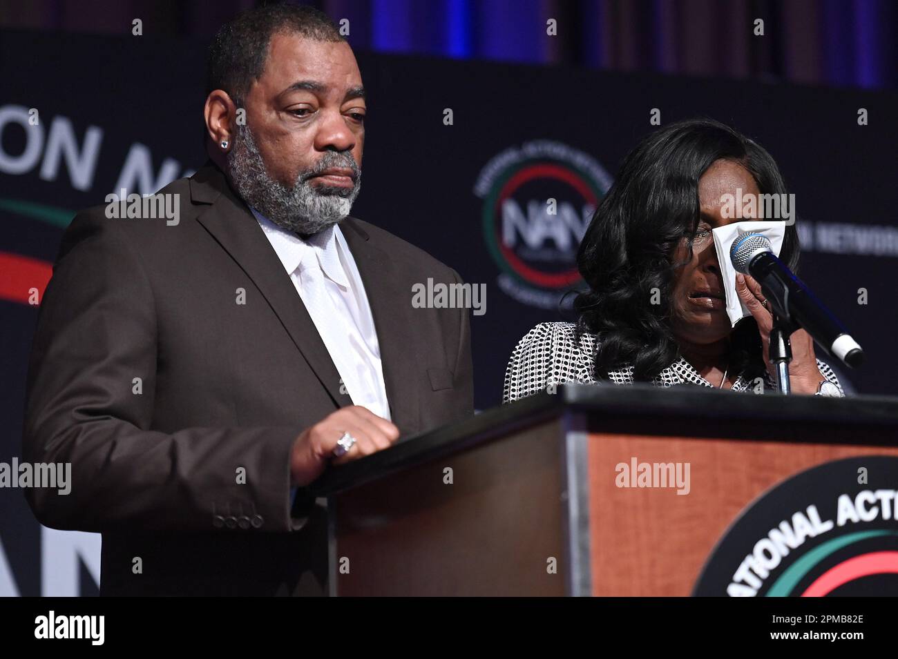 New York, USA. 12th Apr, 2023. Rodney Wells (l) stands by RowVaughn ...