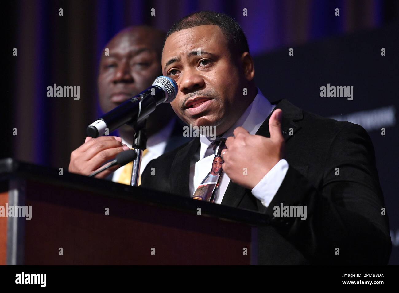 New York, USA. 12th Apr, 2023. Andre Locke Sr., father of Amir Locke ...
