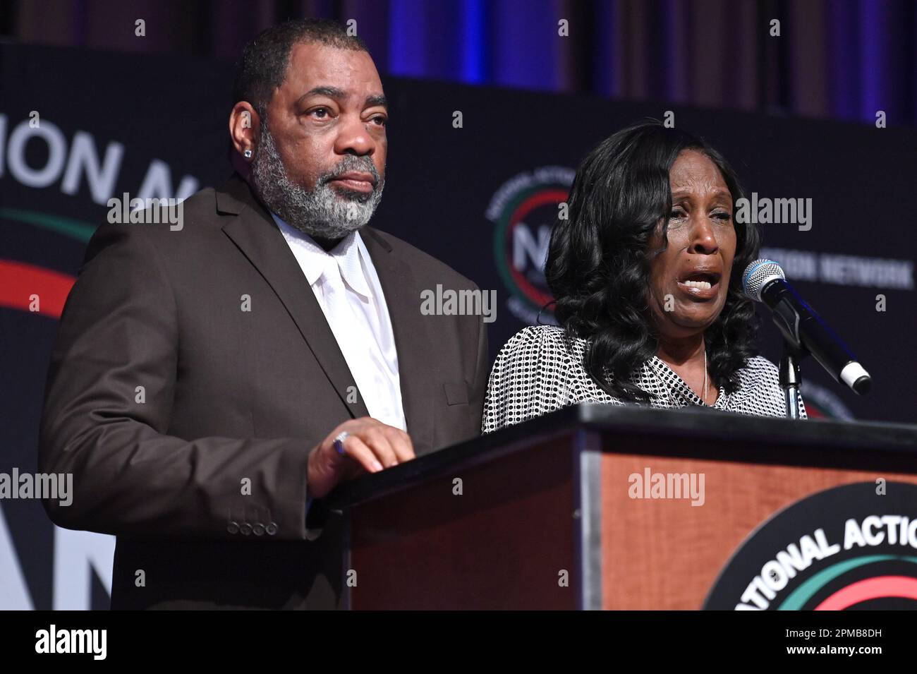 New York, USA. 12th Apr, 2023. Rodney Wells (l) stands by RowVaughn ...