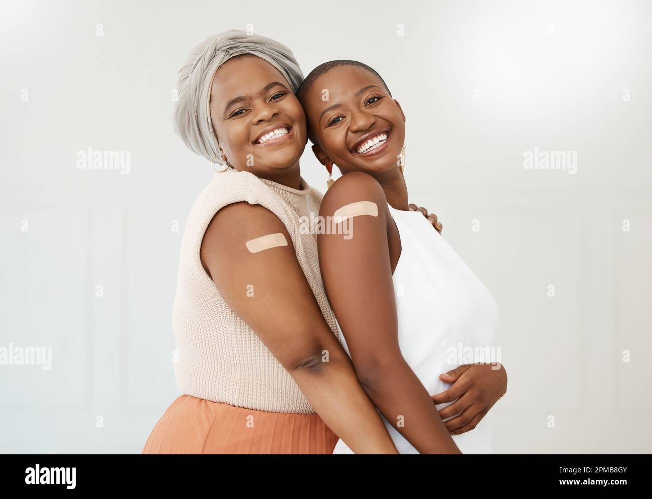 Vaccine, plaster and portrait of black women after an injection as a ...