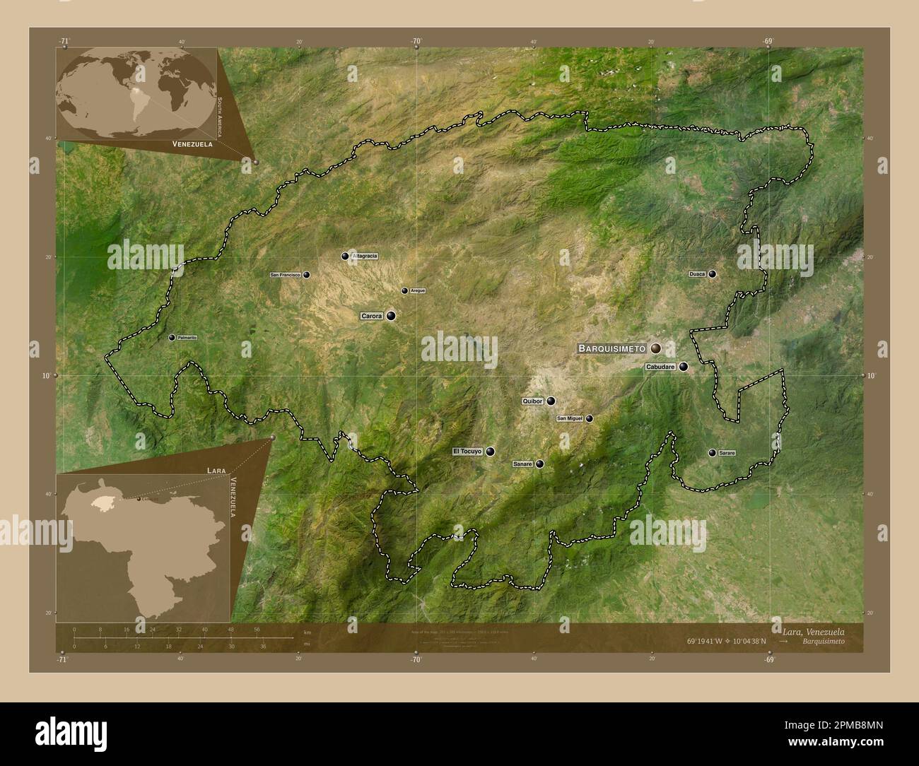 Lara, state of Venezuela. Low resolution satellite map. Locations and ...